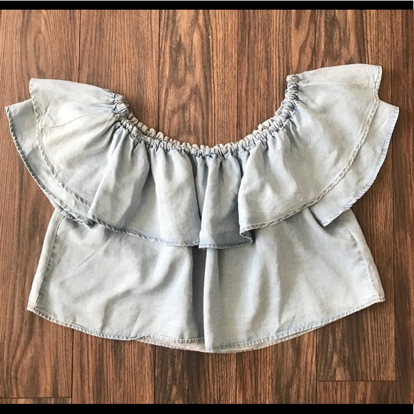 Zara | Tops | Zara Blue Off The Shoulder Ruffle Denim Top S | Poshmark